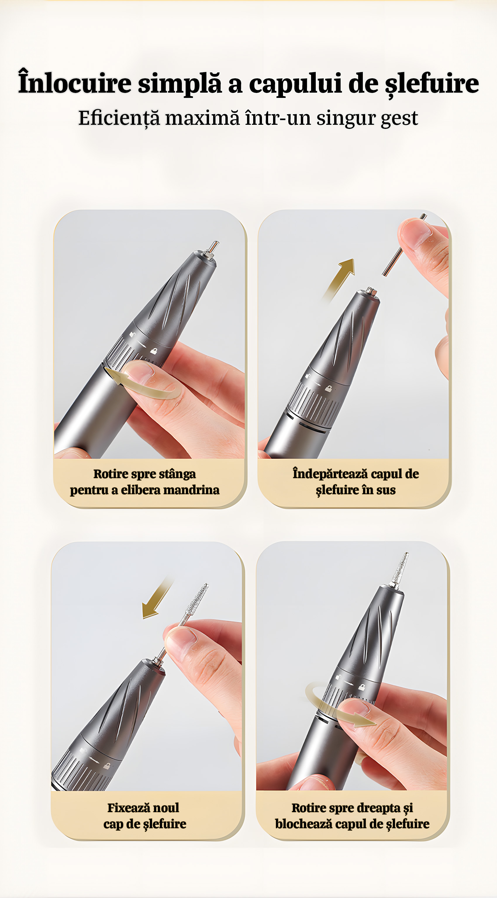 Freza de unghii profesionala, Solutter, 40000 RPM, functie memorie, 6 ...