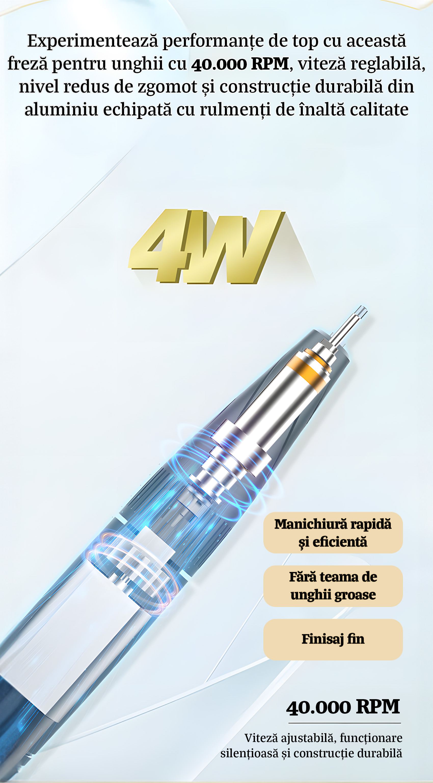 Freza de unghii profesionala, Solutter, 40000 RPM, functie memorie, 6 ...