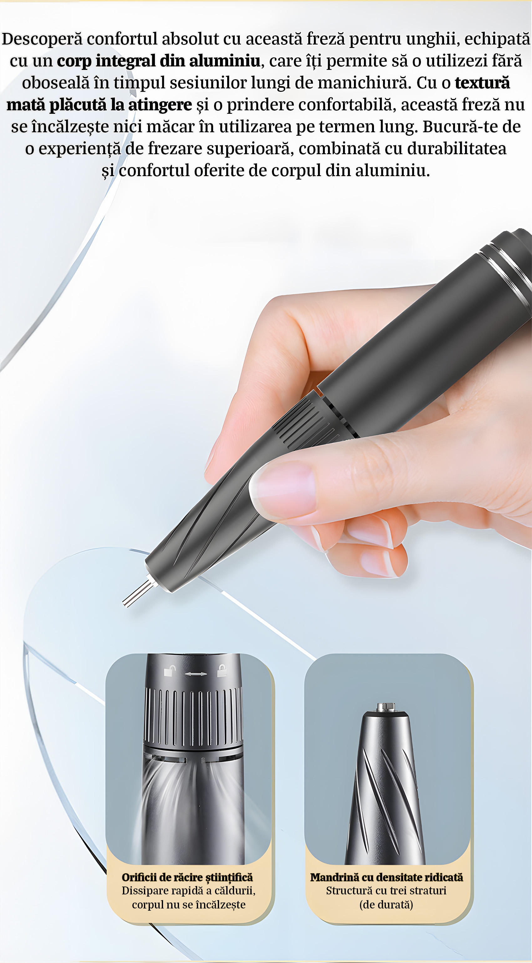 Freza de unghii profesionala, Solutter, 40000 RPM, functie memorie, 6 ...