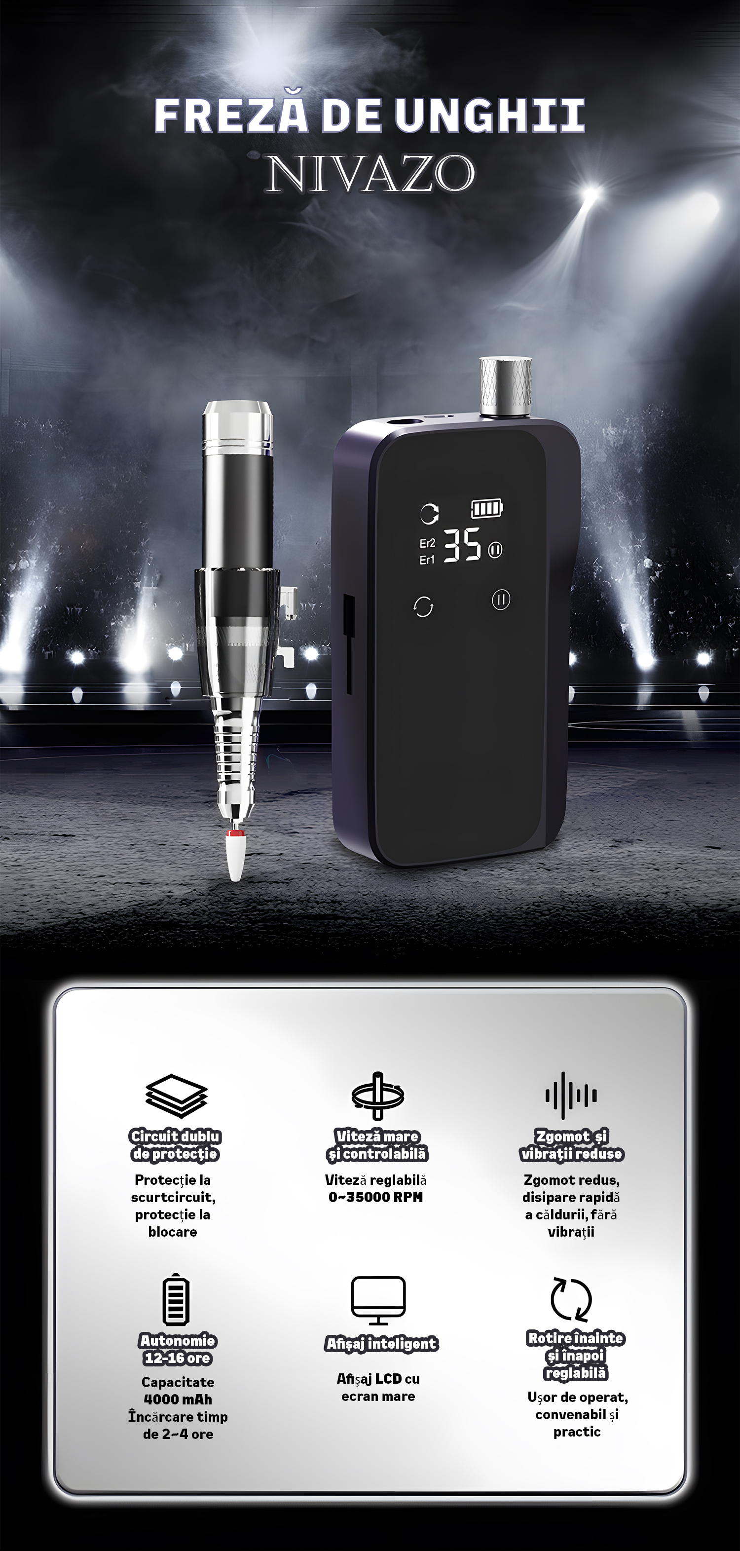 Freza unghii, Nivazo, 35000 RPM, ecran LCD touchscreen, acumulator ...